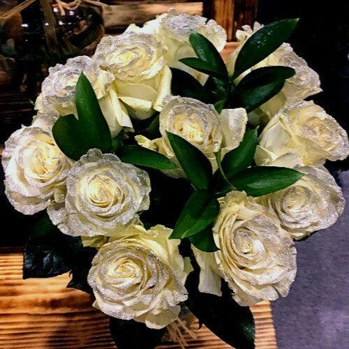 White Roses with Silver Glitter - Bulk | Wholesale Glitter Roses